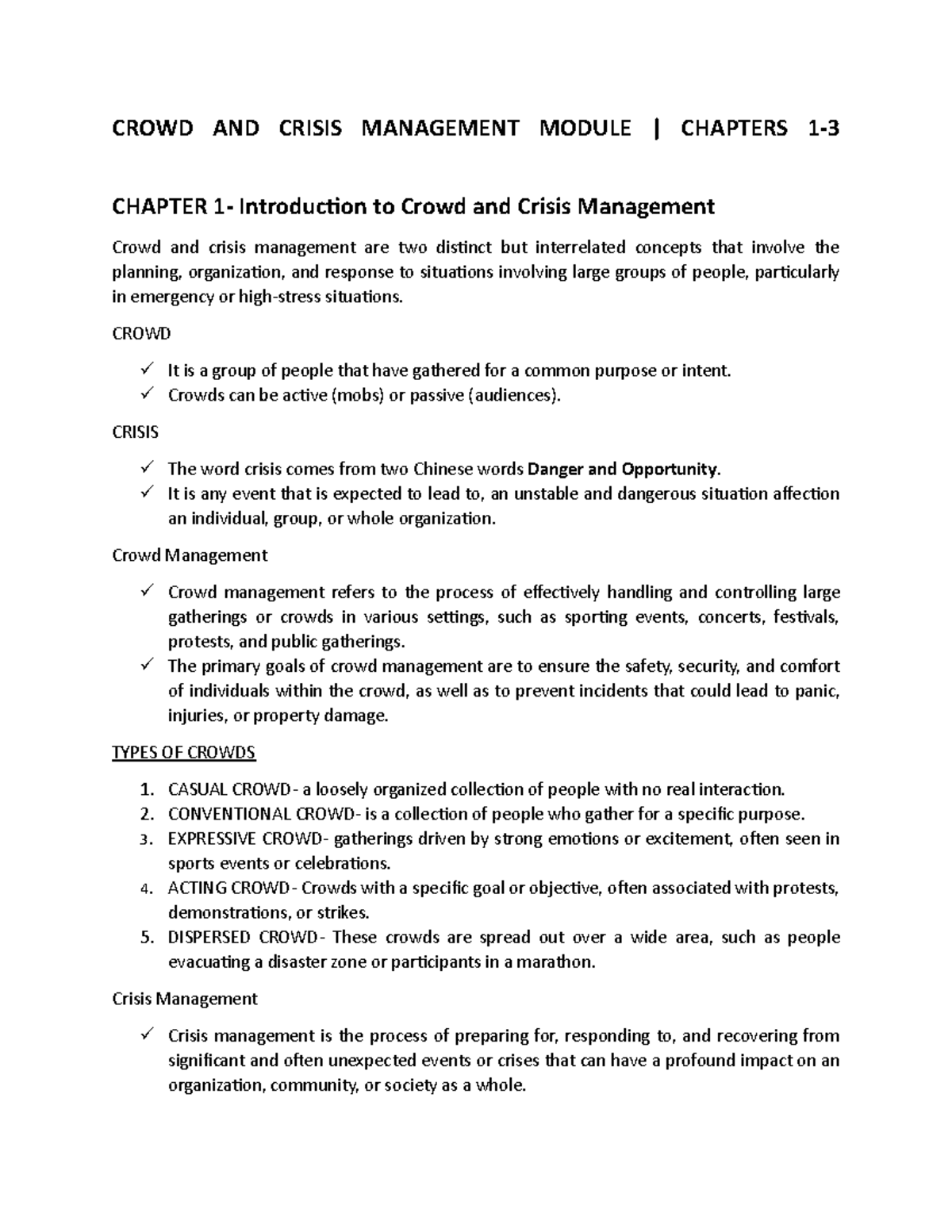 Crowd and Crisis Management Module: Chapters 1-3 Overview - Studocu
