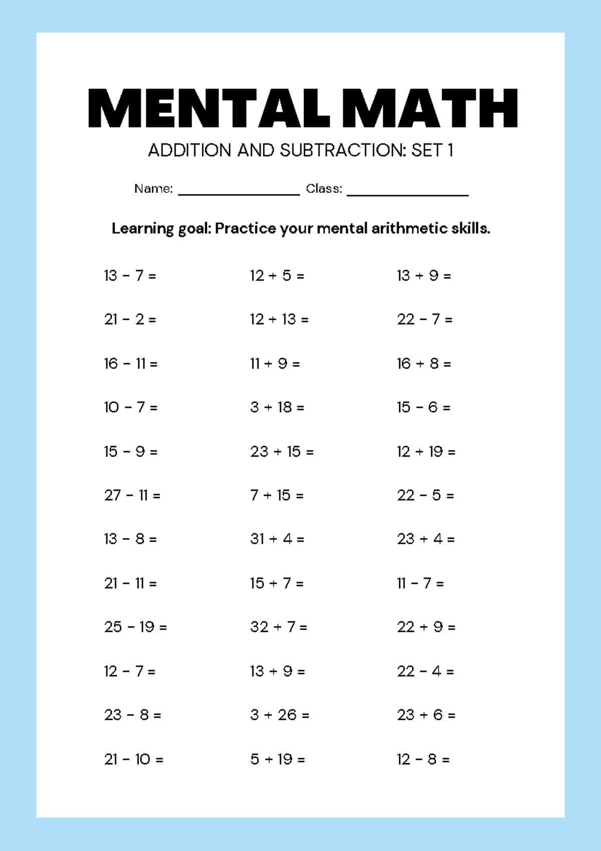 MENTAL MATH ADDITION & SUBTRACTION: LEARNING ACTIVITY SHEETS - Studocu