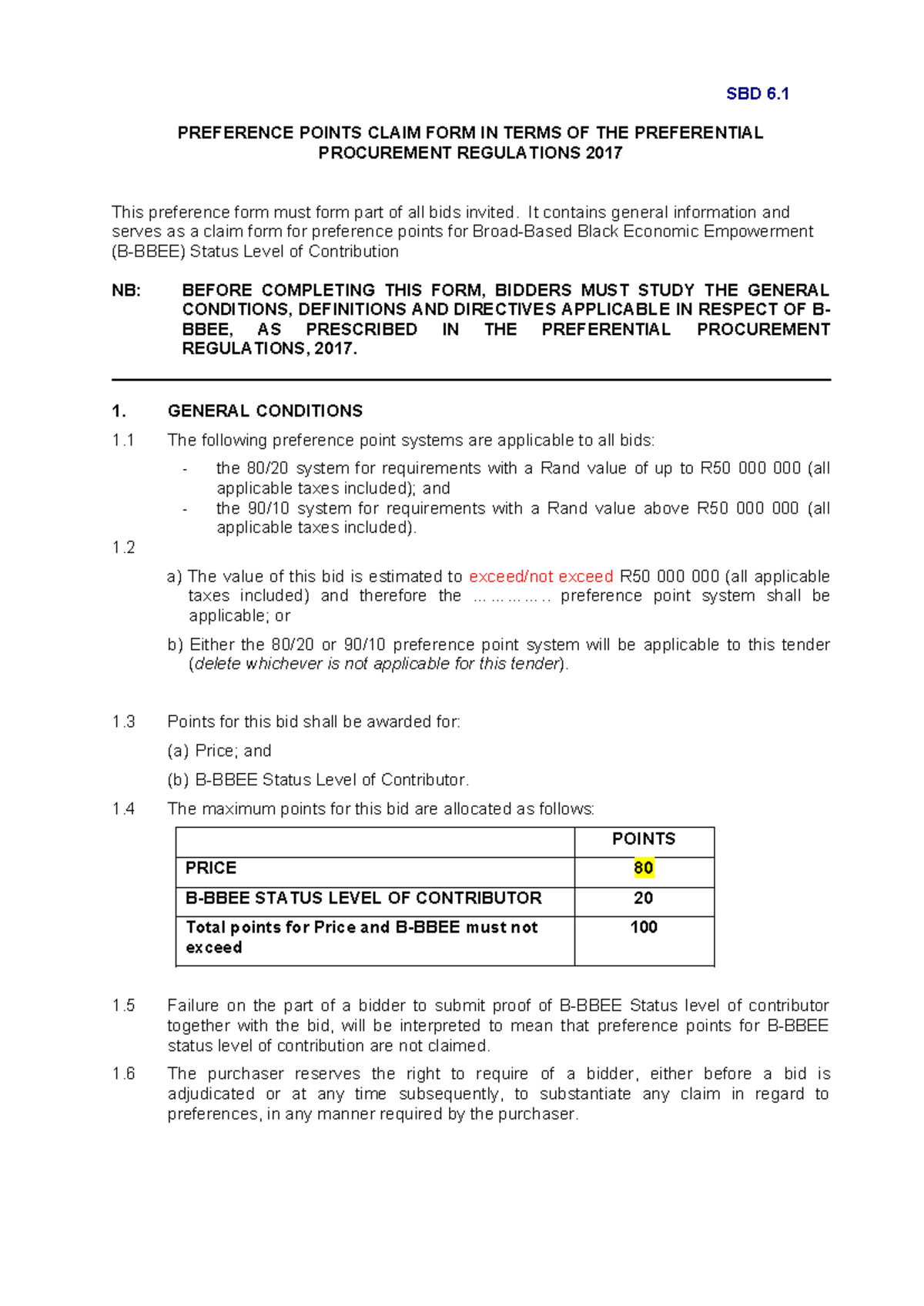 SBD 6.1 in terms of PPR 2017 Revised - SBD 6. PREFERENCE POINTS CLAIM ...