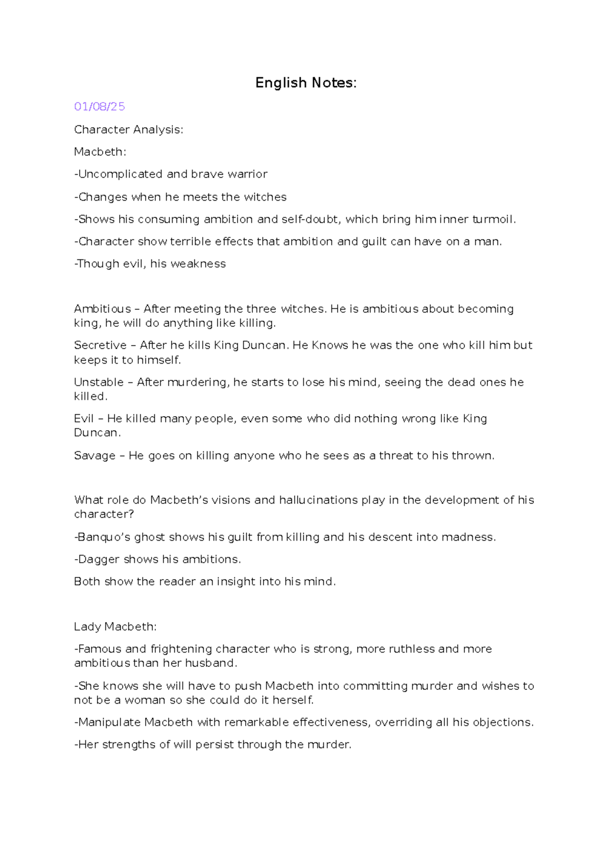 Macbeth Character Evaluation and Essay Planning Notes for ENG101 - Studocu