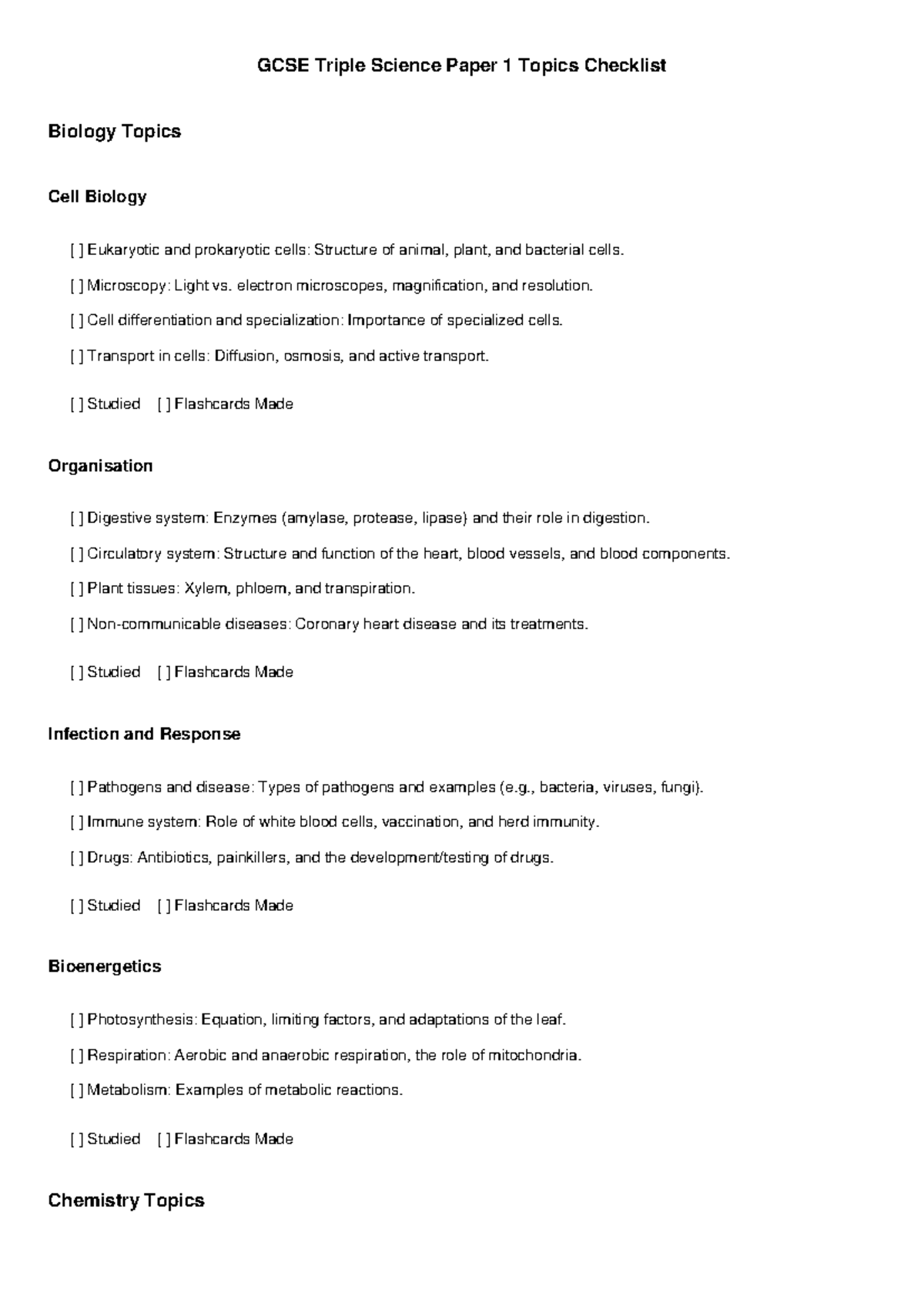 GCSE Triple Science Paper 1: Comprehensive Topics Checklist - Studocu