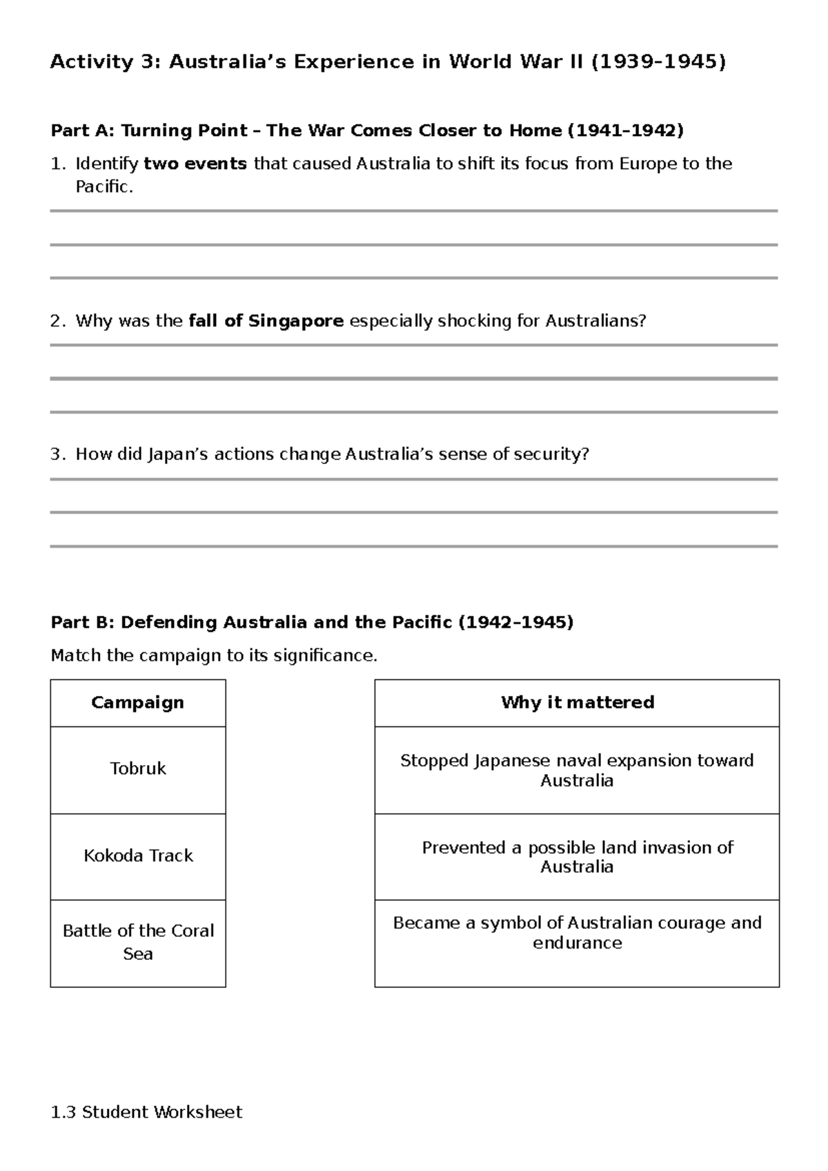 1.3 Worksheet - WWII Experience: Turning Points & Campaign Significance ...