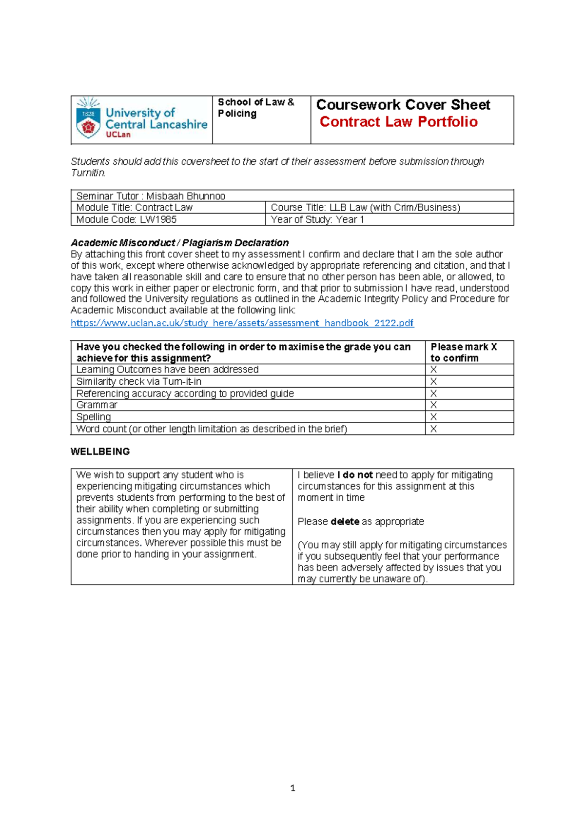 LW1985 Contract Law Portfolio Cover Sheet and Assessment Guidelines ...