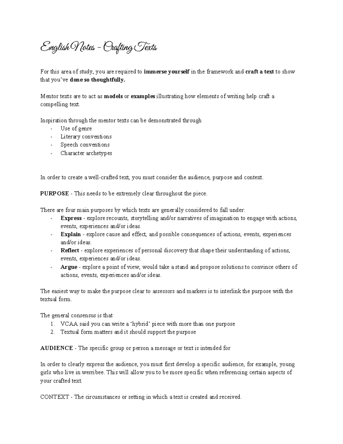Crafting Texts Notes (ENG101): Framework and Mentor Texts Guide - Studocu