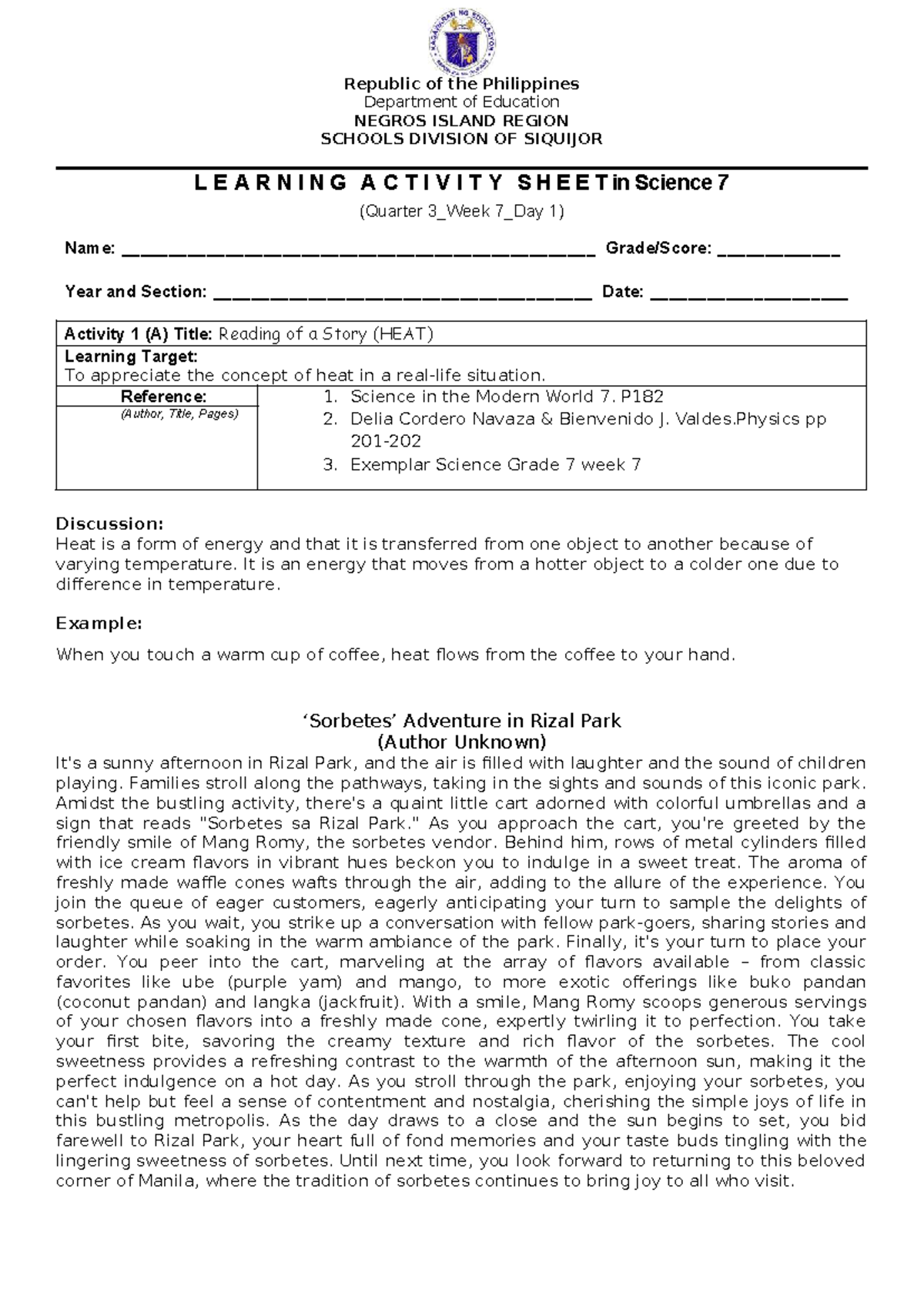 Science 7 Q3 Learning Activity Sheet: Heat & Temperature Concepts - Studocu
