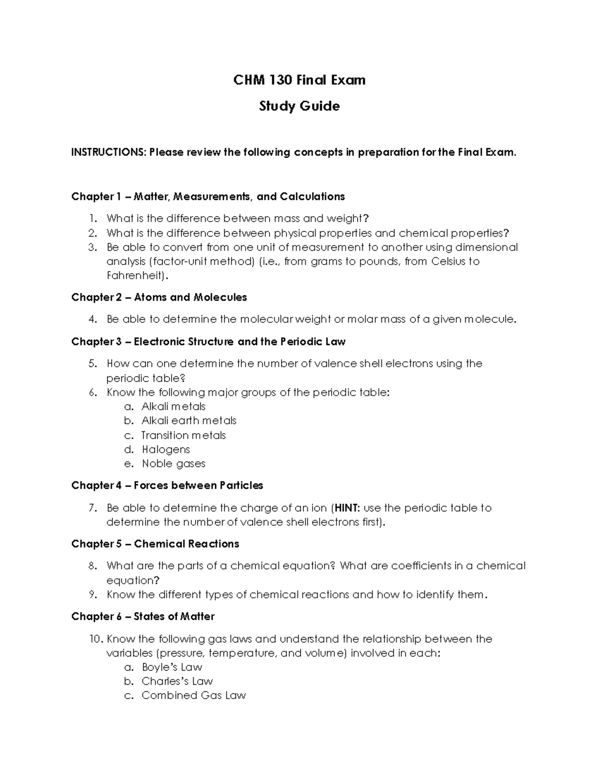 CHM 130 Final Exam Study Guide: Key Concepts & Review - Studocu