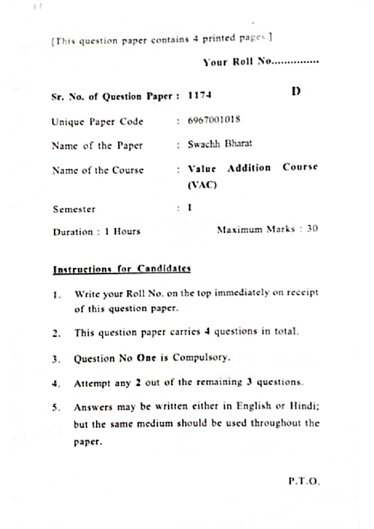 PYQ: Swachh Bharat (VAC) - Value Addition Course Exam Paper - Studocu