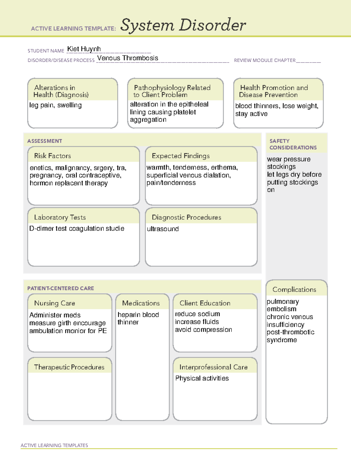 System disorder Venous Thrombosis KH - ACTIVE LEARNING TEMPLATES System ...