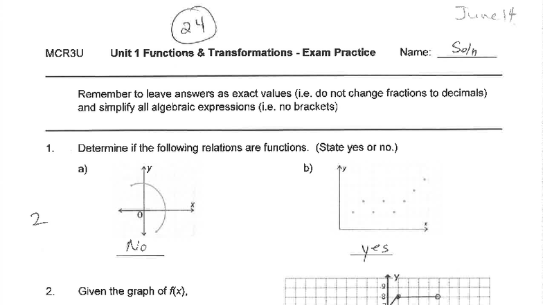 MCR3U Unit I Functions Transformations Exam Practice Answers - Studocu