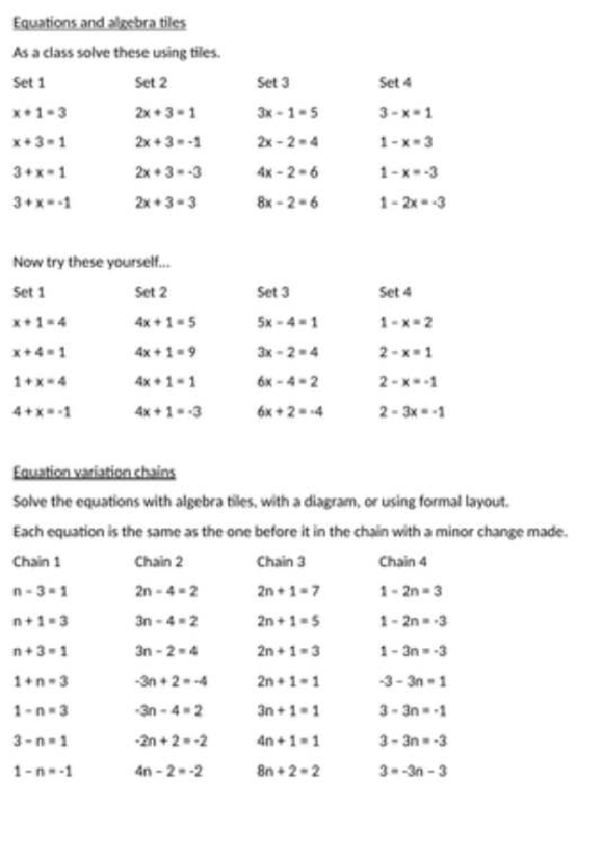 Math 2024: Solving Equations with Algebra Tiles - Practice Sets - Studocu