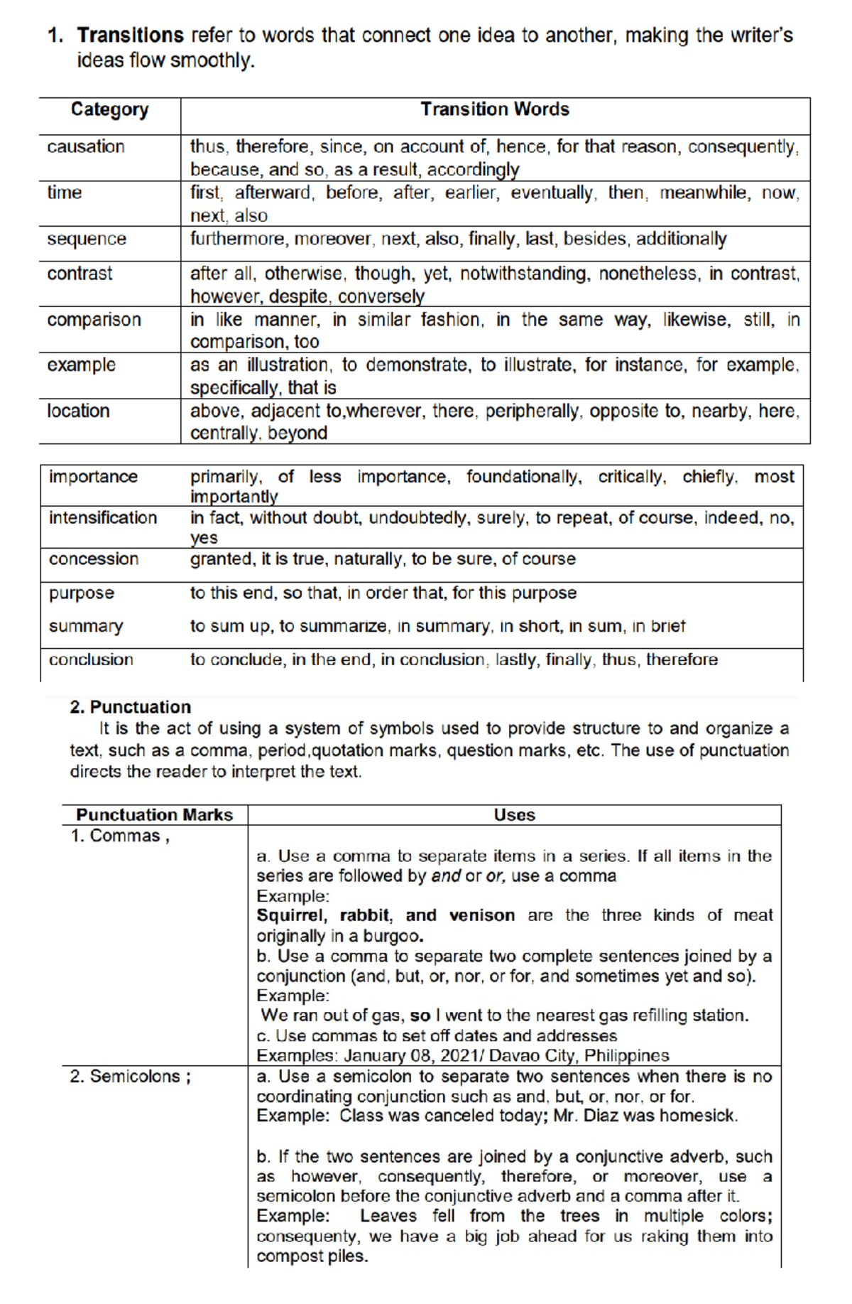 Punctuation Marks and Transitional Devices - 1. Transitions refer to ...