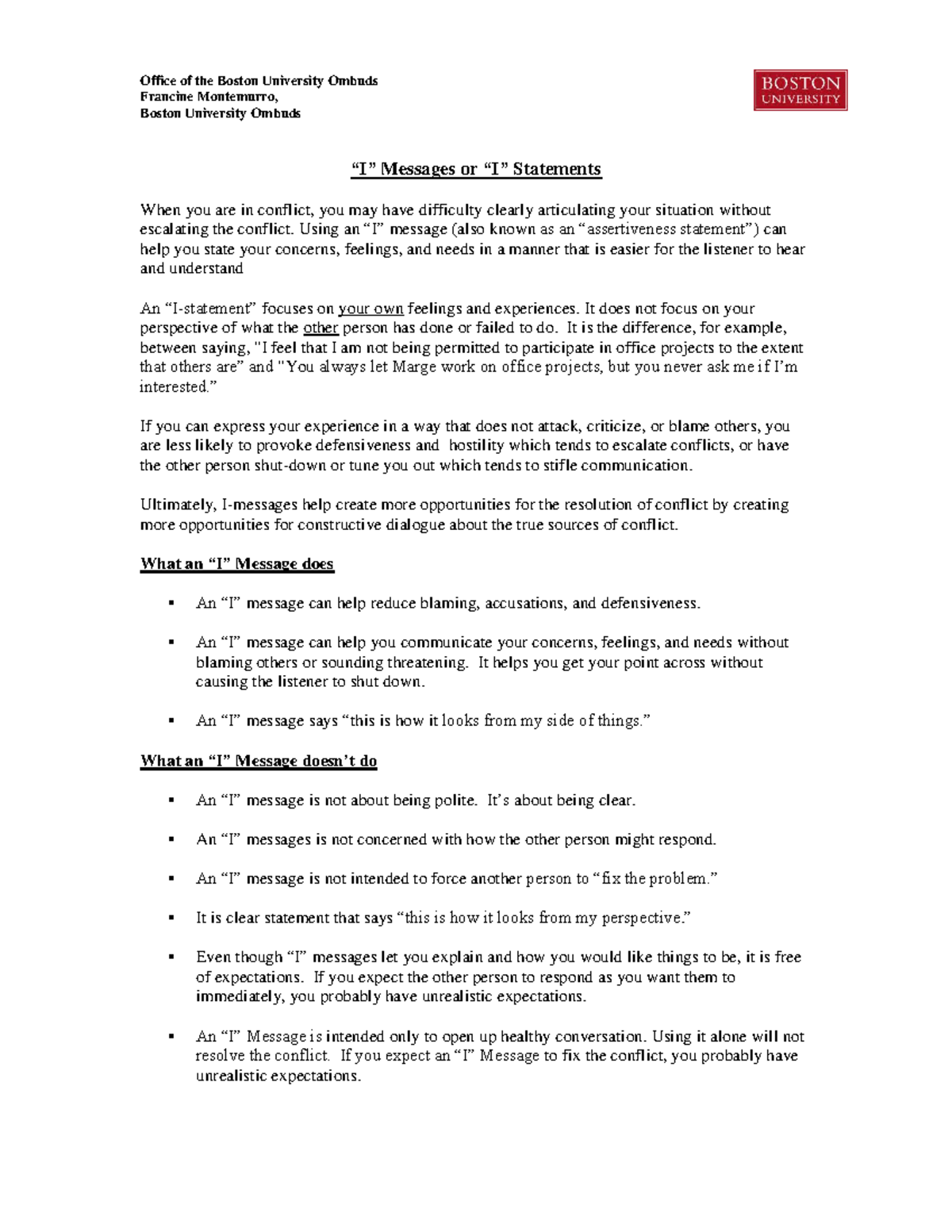 BU 100: Understanding "I" Messages for Effective Communication - Studocu