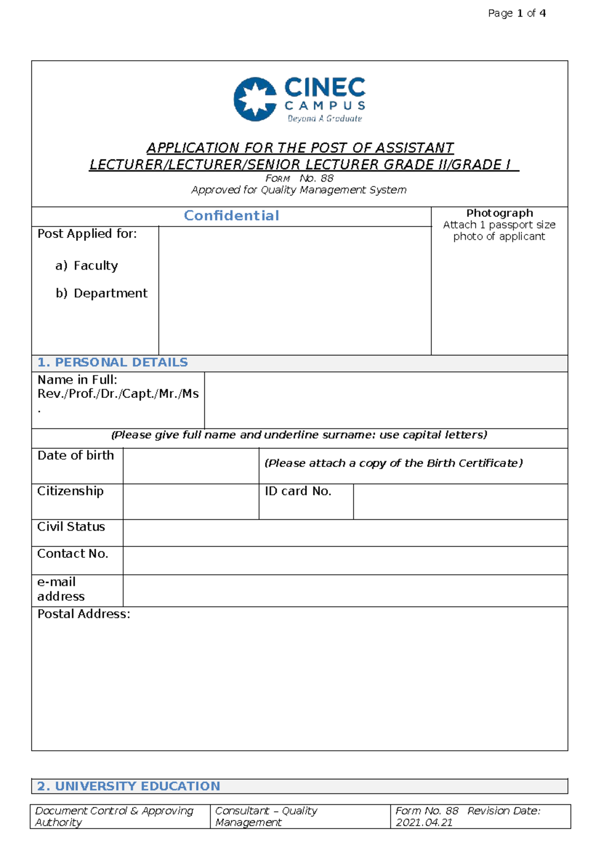 Application for Assistant Lecturer Grade I - Form No. 88 - Studocu