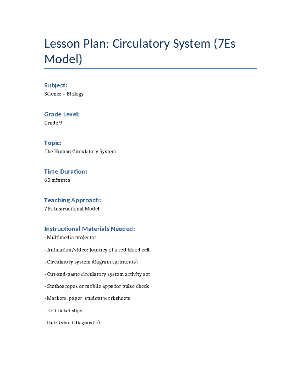 Circulatory System Lesson Plan Grade 9 7Es - Lesson Plan: Circulatory ...