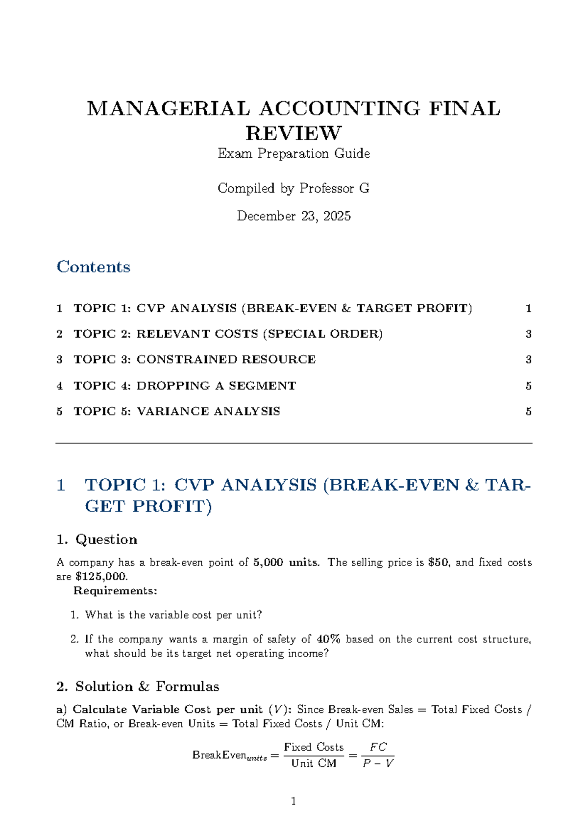 MANAGERIAL ACCOUNTING FINAL REVIEW (MAA) Exam Prep Guide - Studocu