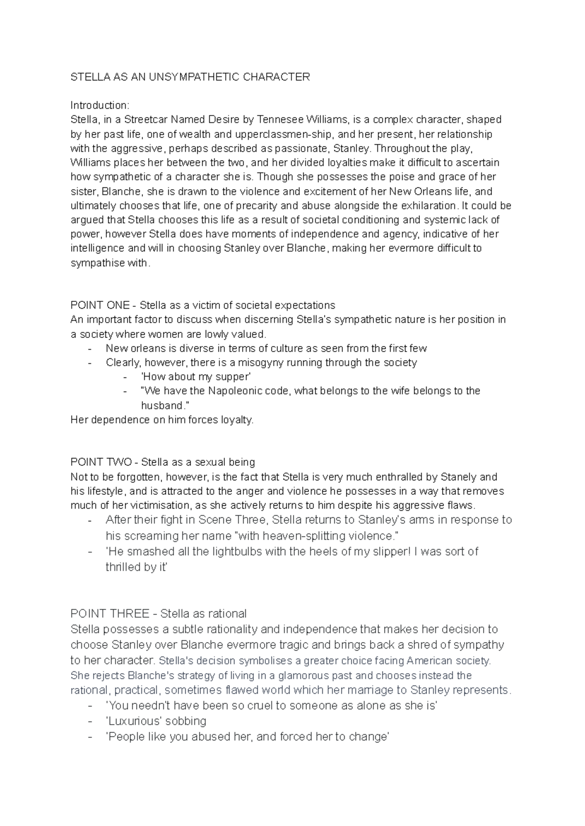 Analysis of Stella's Unsympathetic Nature in 'Streetcar Named Desire ...