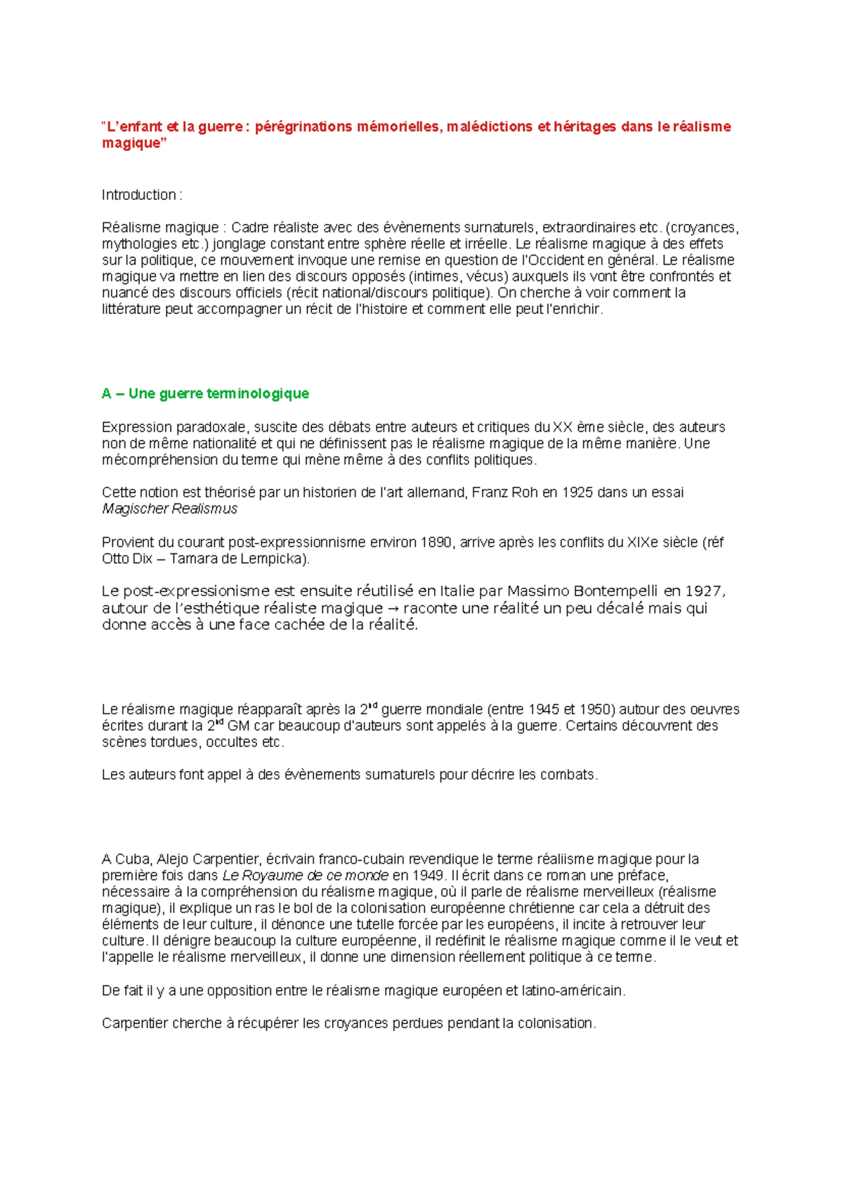 Chapitre 1 - CM sur le Réalisme Magique : Héritages et Conflits - Studocu