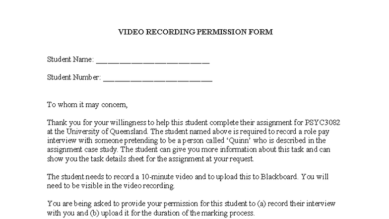 PSYC3082 Video Recording Permission Form for Role Play Interview - Studocu