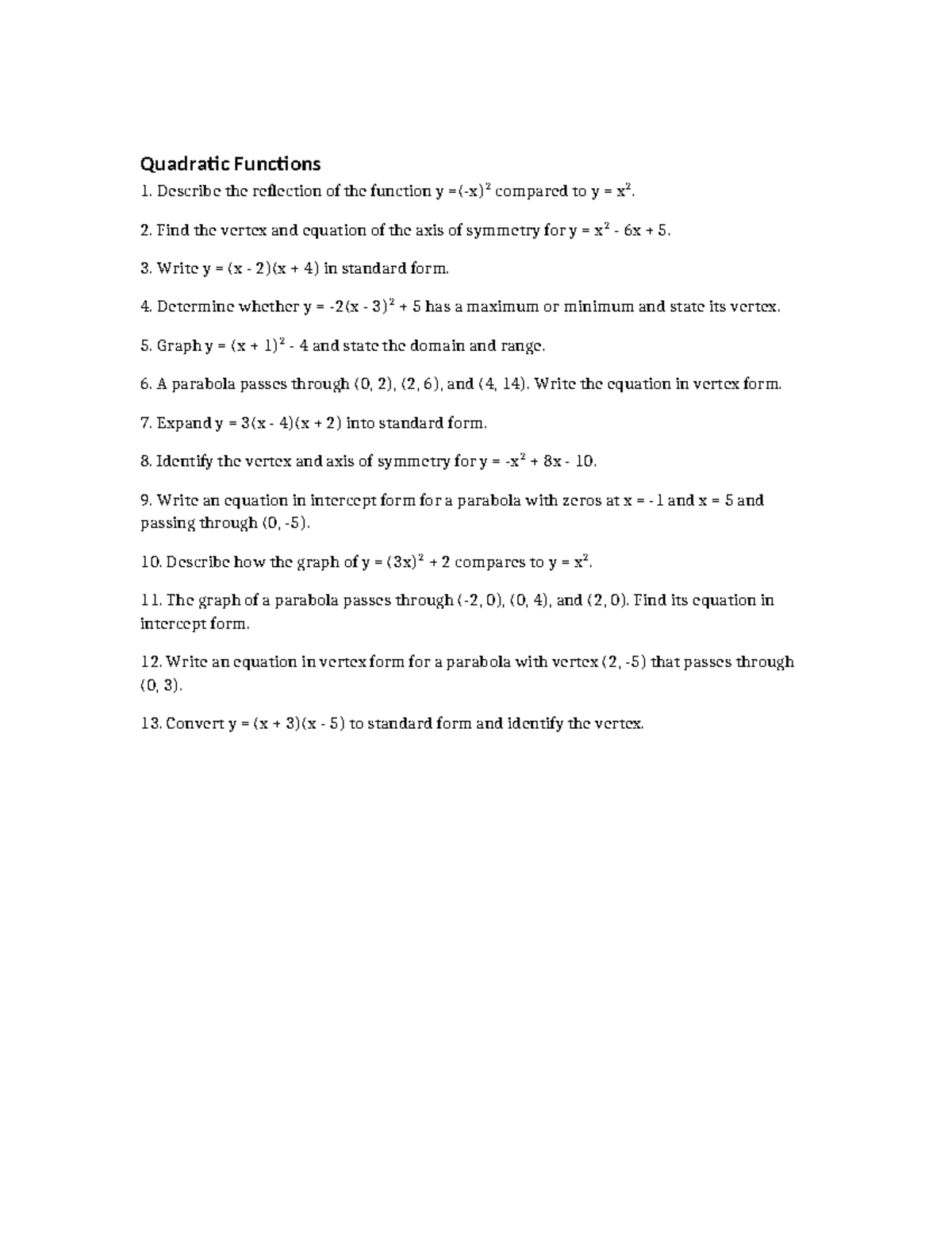 Quadratic Functions Review Assignment: Key Concepts & Problems - Studocu