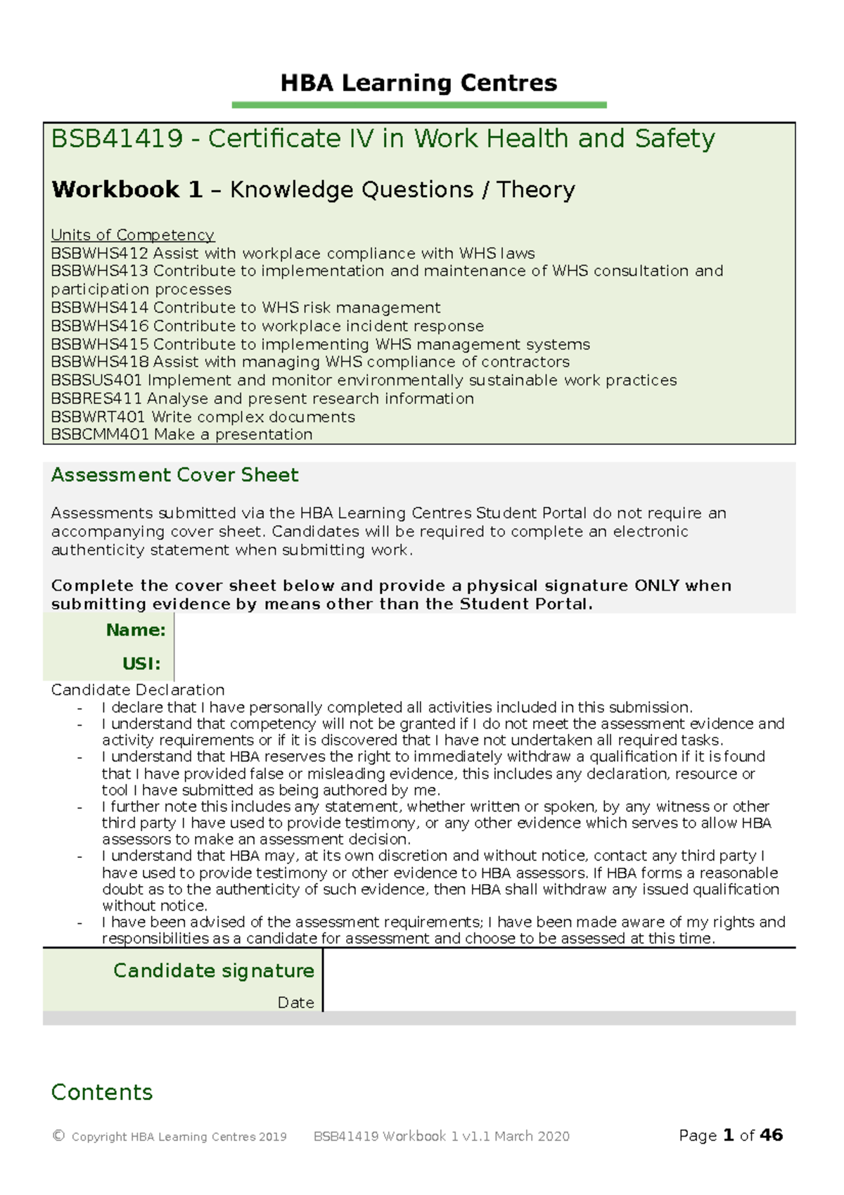 BSB41419 Workbook 1 – Knowledge Questions for WHS Compliance - Studocu