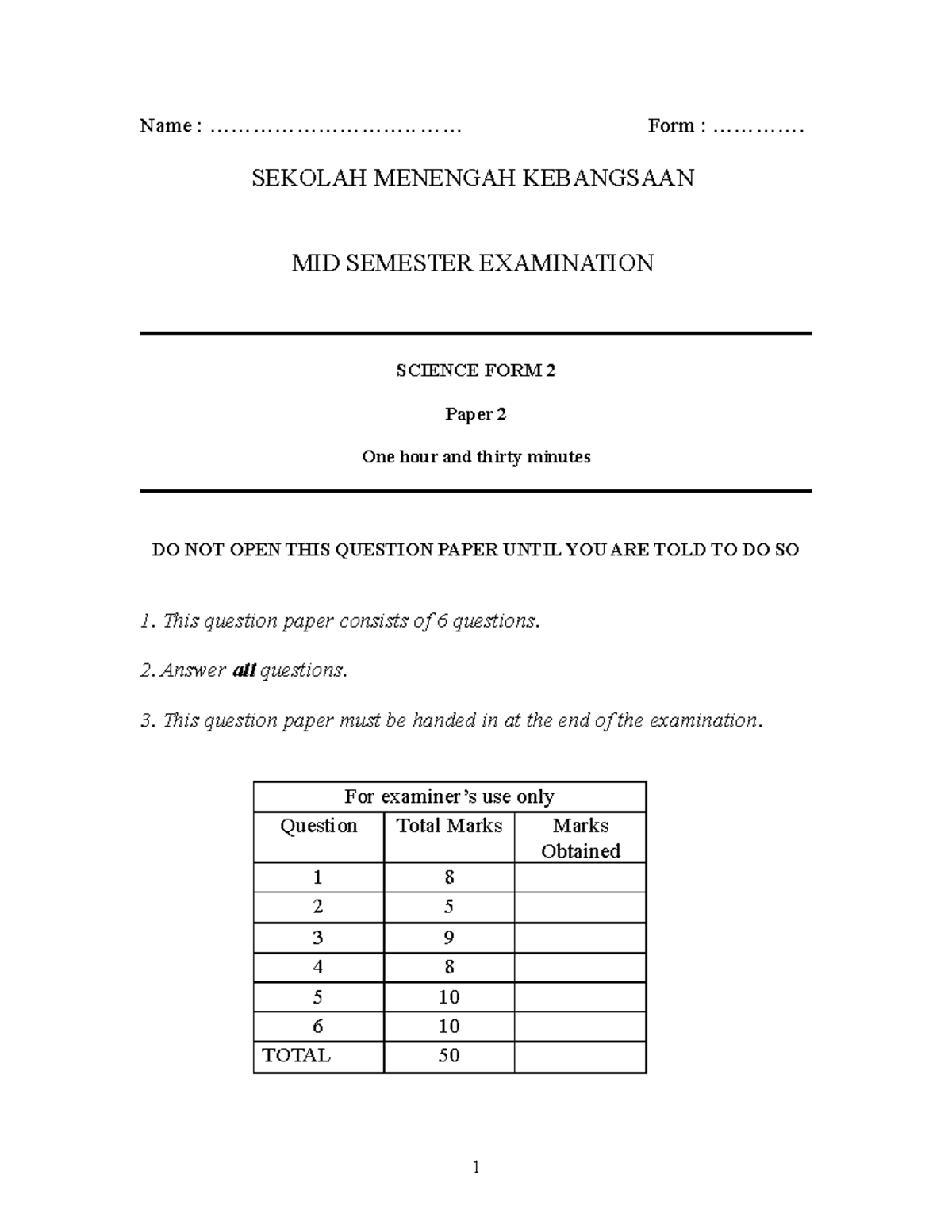 SC Form 2 Mid Semester Science Exam Paper - Abcdw - Studocu