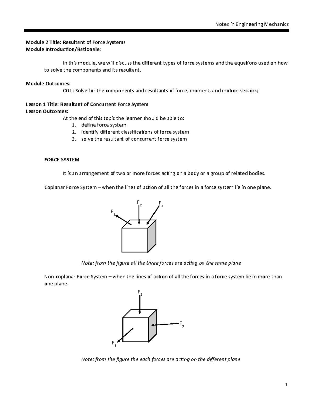 Engineering Mechanics Module 2: Resultant of Force Systems Notes - Studocu
