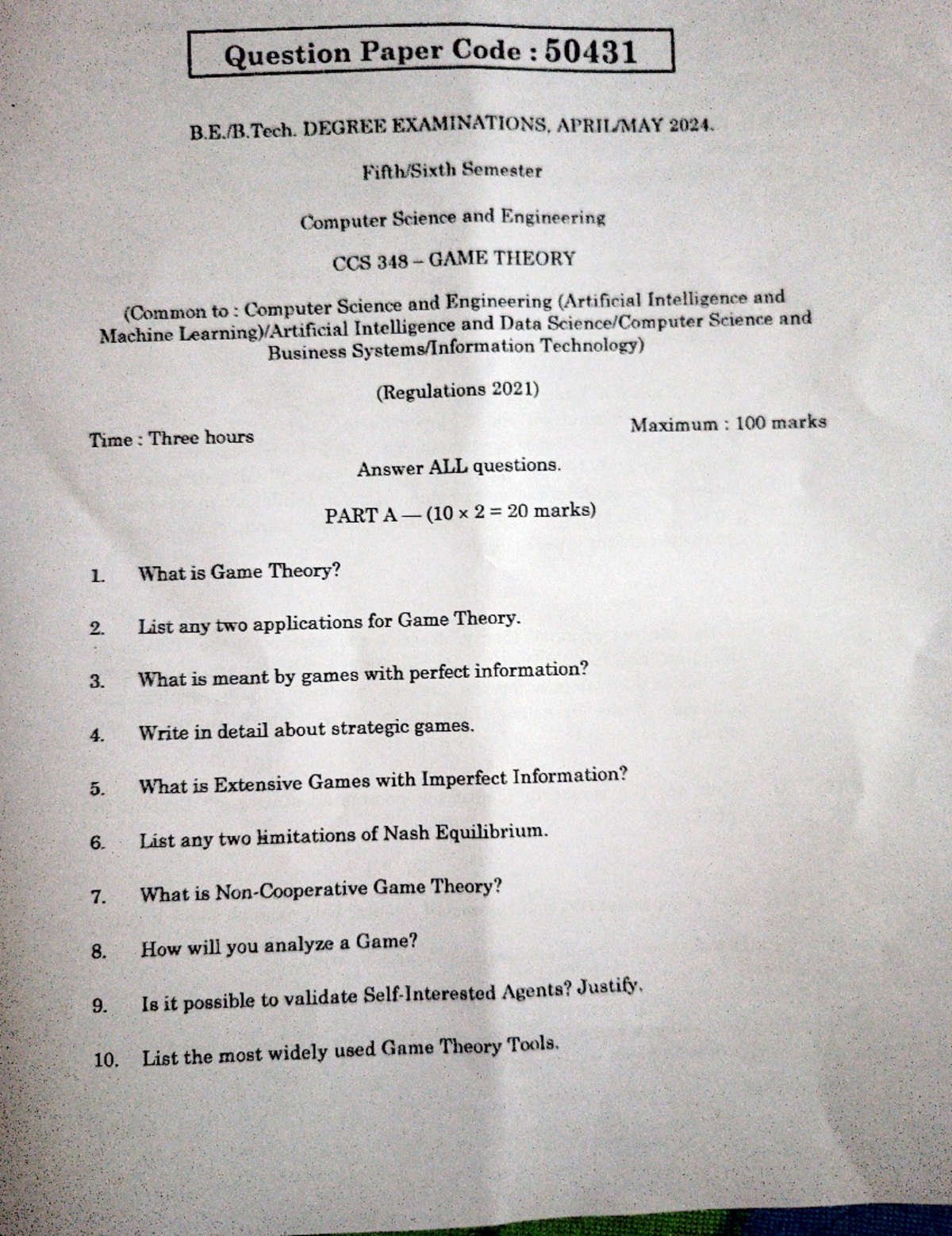 Game Theory Exam Paper - CCS 348 - BEBTech April-May 2024 - Studocu