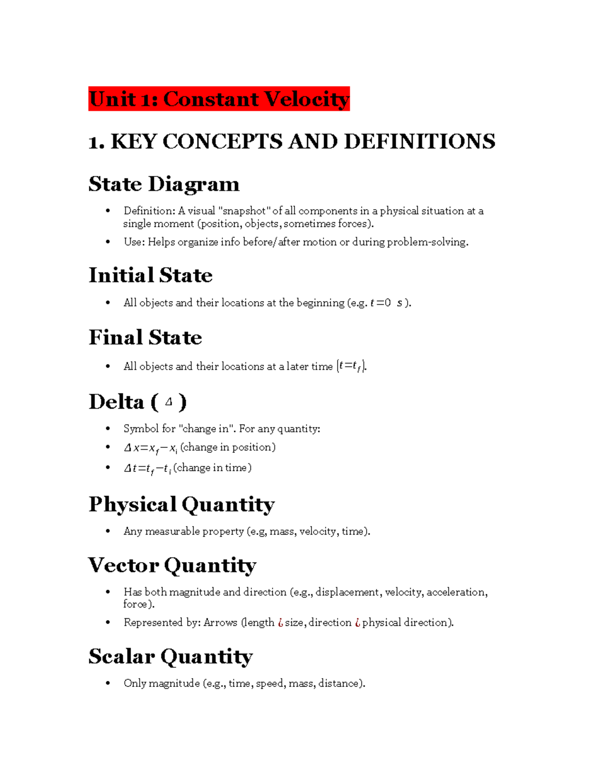 Unit 1: Constant Velocity - Key Concepts & Definitions - Studocu