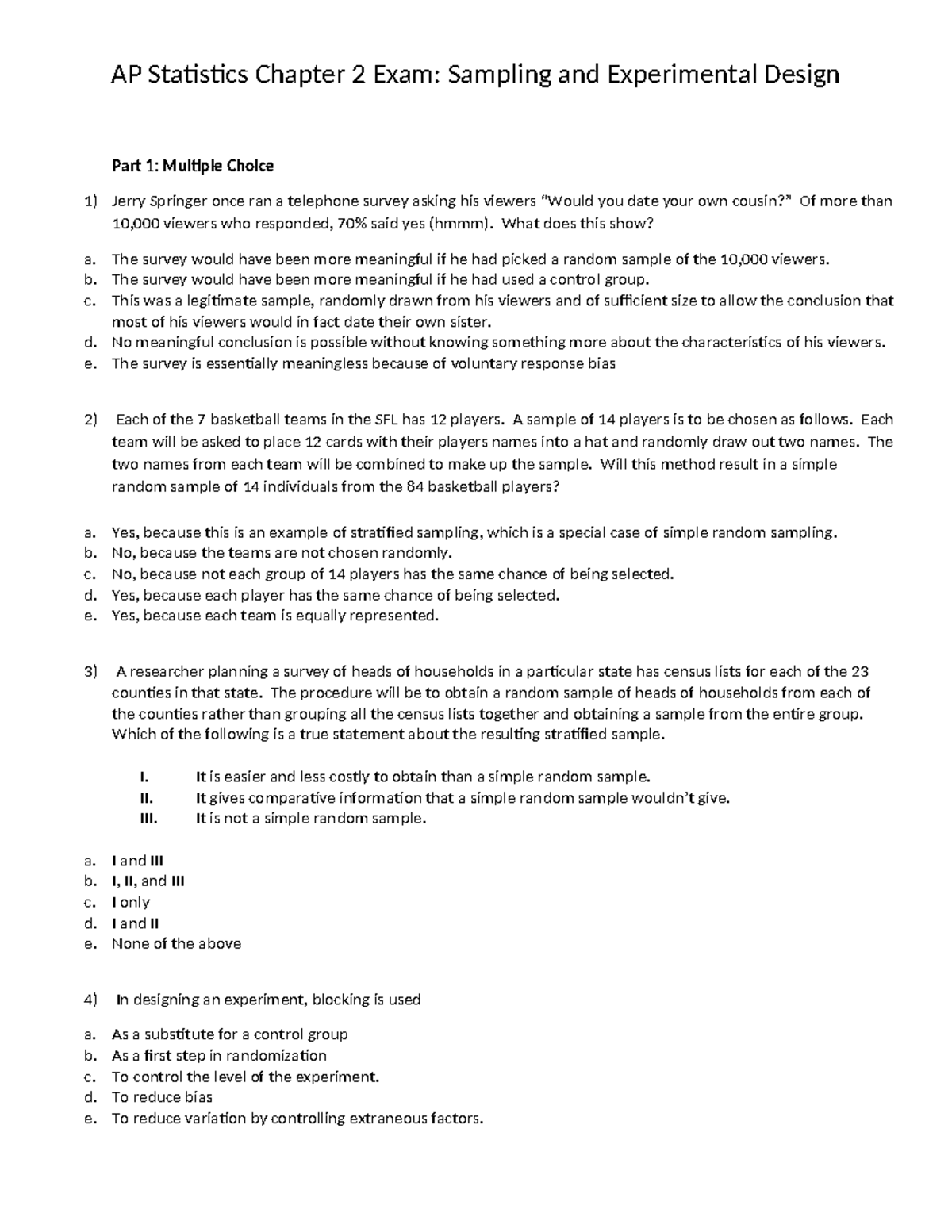 AP Statistics Chapter 2 Exam: Sampling & Experimental Design MCQs - Studocu