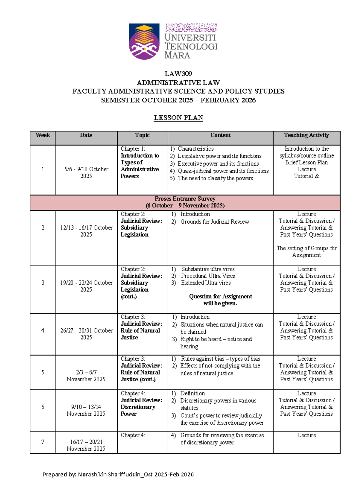 Lesson Plan for LAW309: Administrative Law (Oct 2025 - Feb 2026) - Studocu