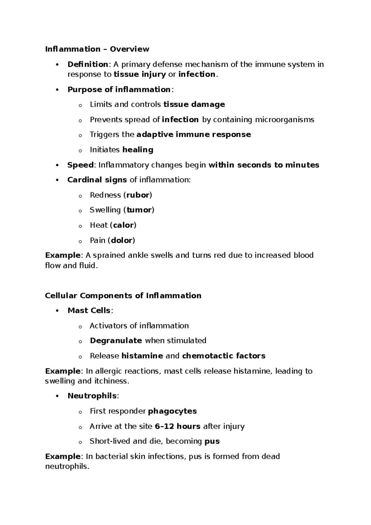Inflammation (Week 1) Overview: Immune Response & Management - Studocu