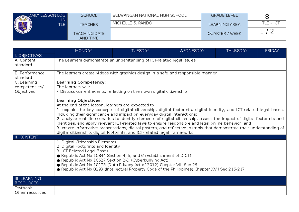 DLL in TLE ICT 8 Q1 Week 2 - Digital Citizenship & Legal Issues - Studocu