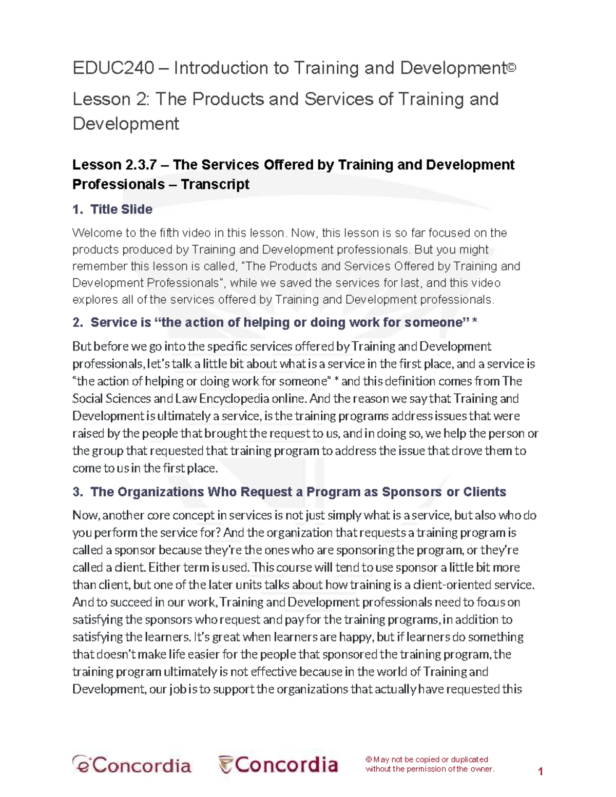 EDUC240 Lesson 2.3.7: Services Offered by Training & Development Pros ...