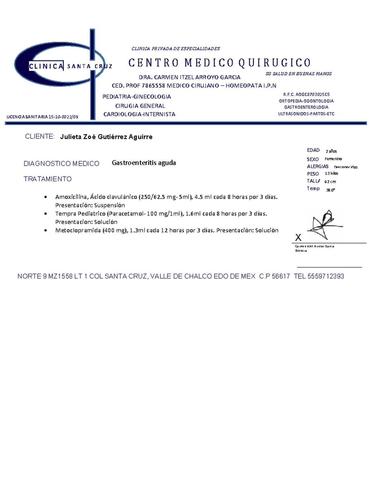 Receta Médica: Tratamiento de Gastroenteritis Aguda - Dra. Arroyo - Studocu