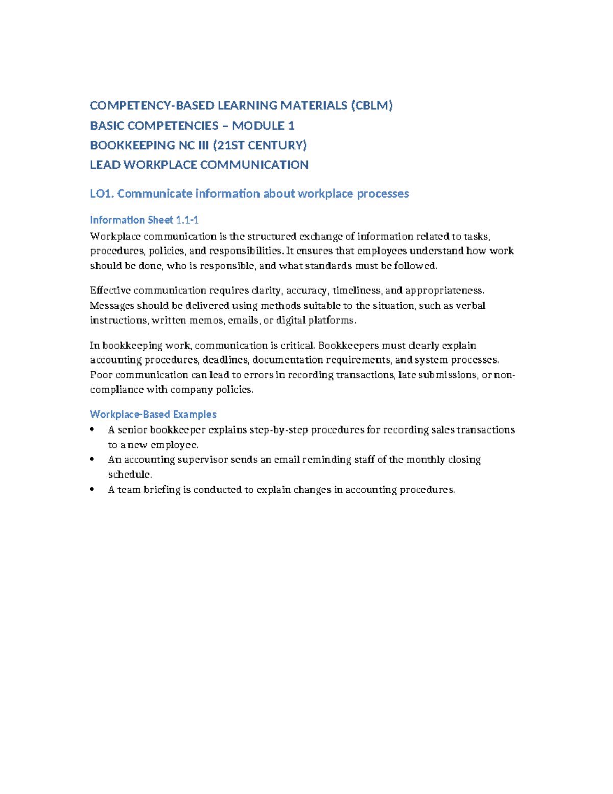 CBLM Module 1: Lead Workplace Communication Essentials - Studocu