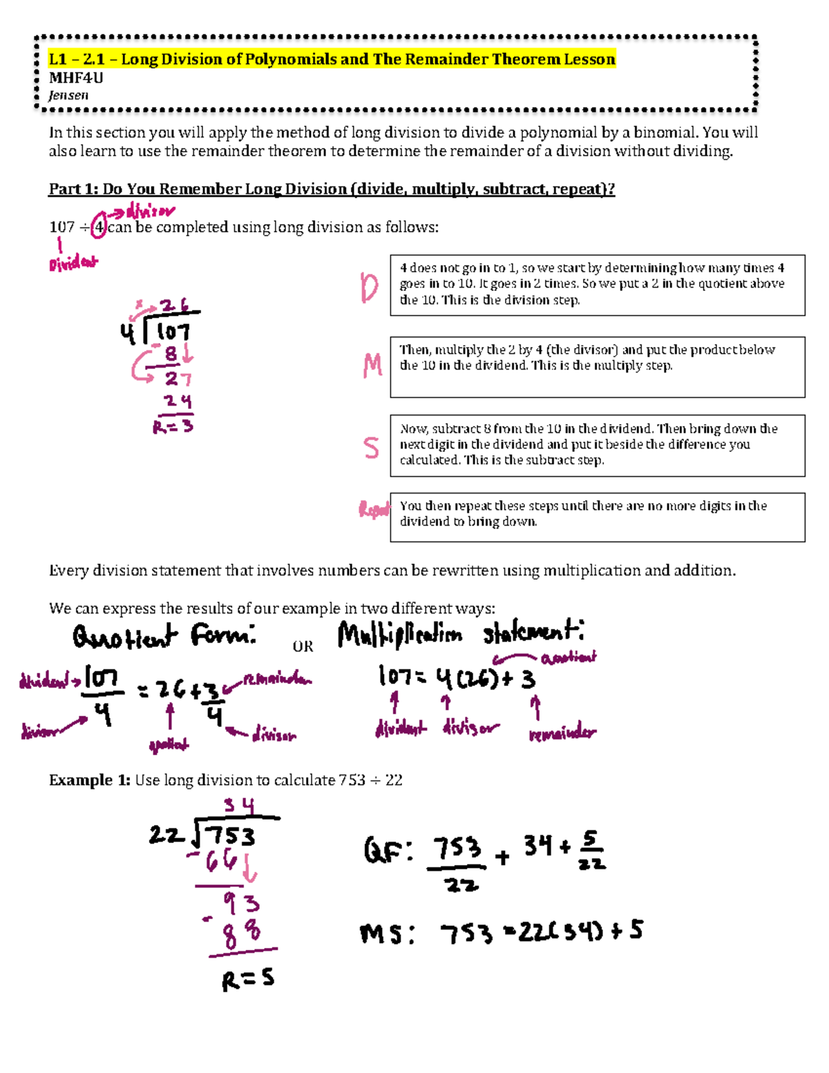 Chapter 2 - Long Division of Polynomials & Remainder Theorem (MHF4U ...