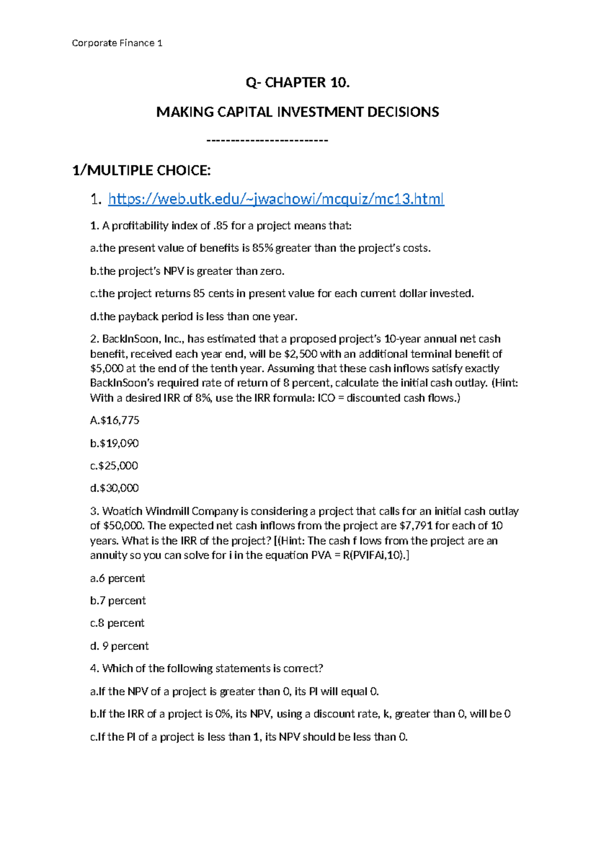 Corporate Finance 1 CHAPTER 10: Capital Investment Decisions Exercises ...