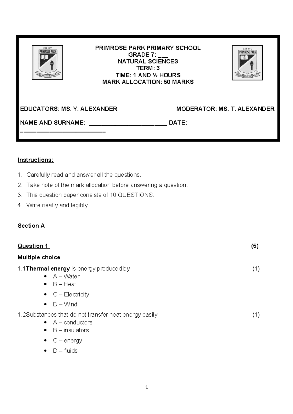 Natural Science TERM 3 Test 2024 - Grade 7 at Primrose Park Primary ...
