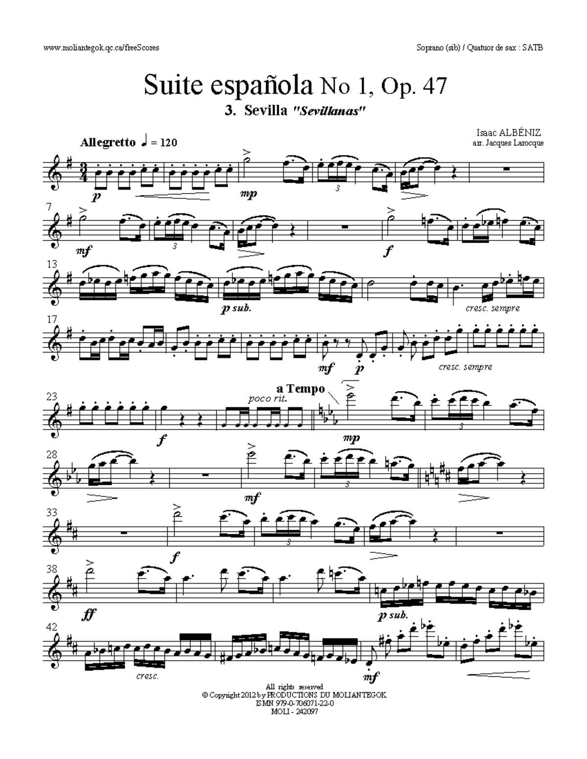 Soprano (sib) Quatuor de sax: SATB Suite española No 1, Op. 47 - Studocu