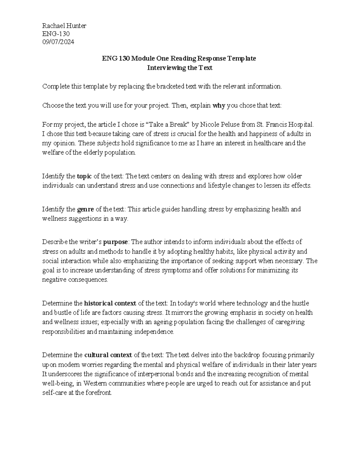 ENG 130 - 1-2 Reading Response: Interviewing Stress Management Text ...