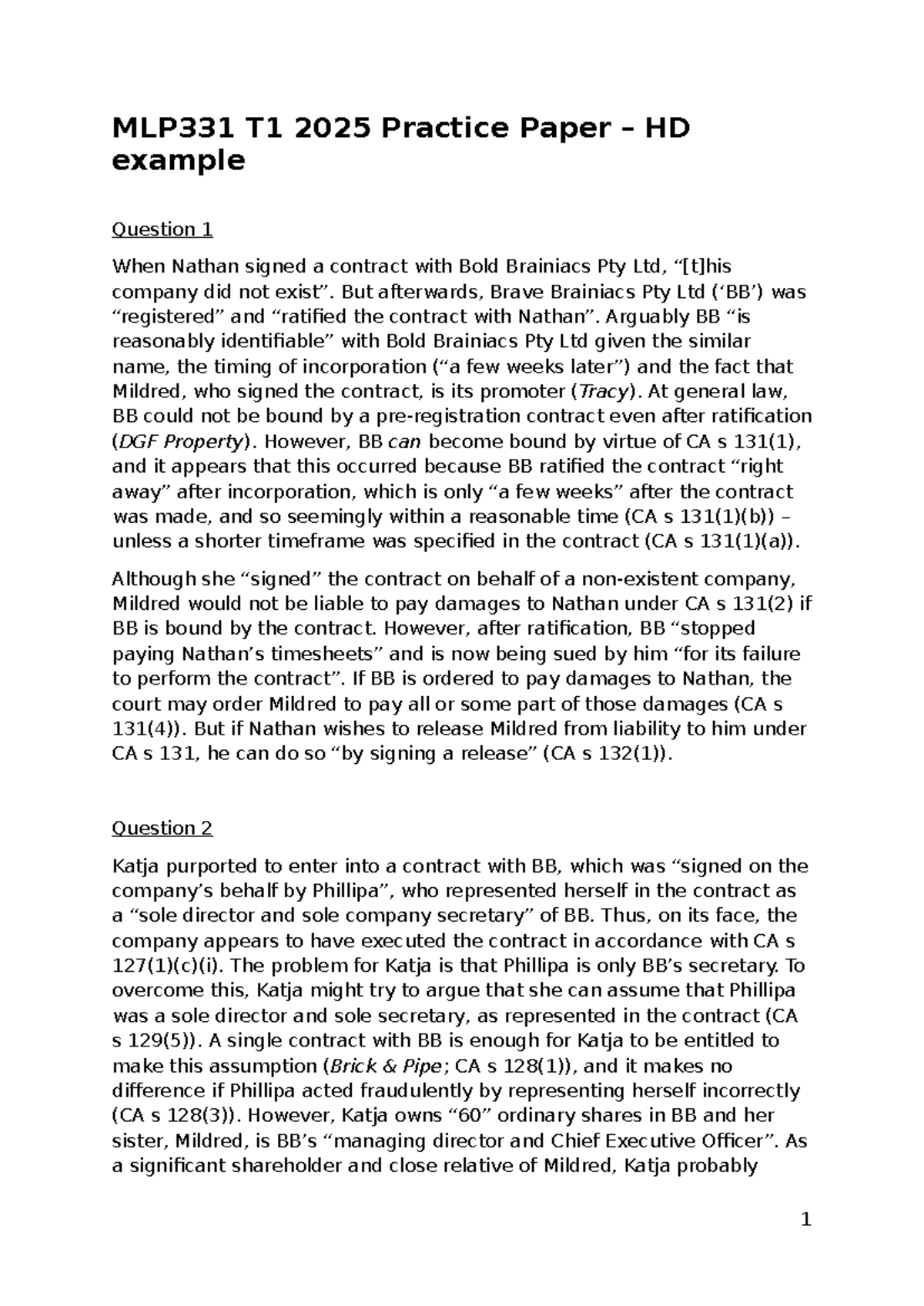 MLP331 T1 2025 Practice Paper - HD Example Analysis and Questions - Studocu
