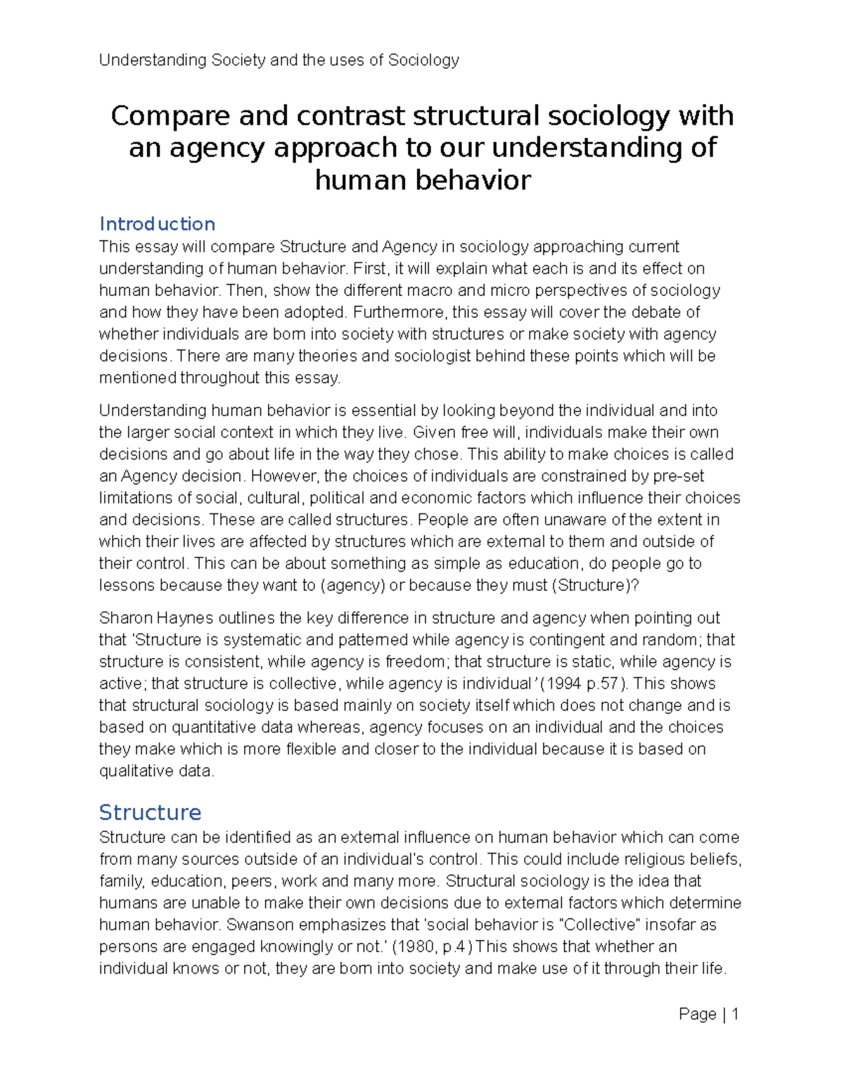 Sociology 101: Structure vs. Agency - An Analytical Essay - Studocu