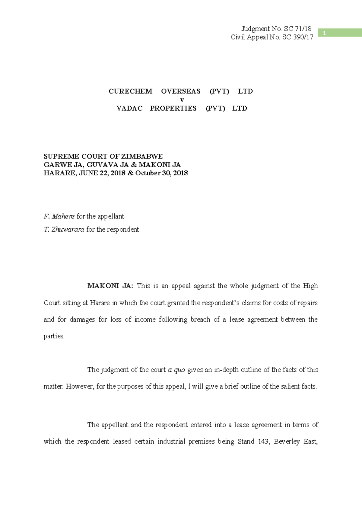 Curechem Overseas (Pvt) Ltd v Vadac Properties (Pvt) Ltd: SC Civil ...