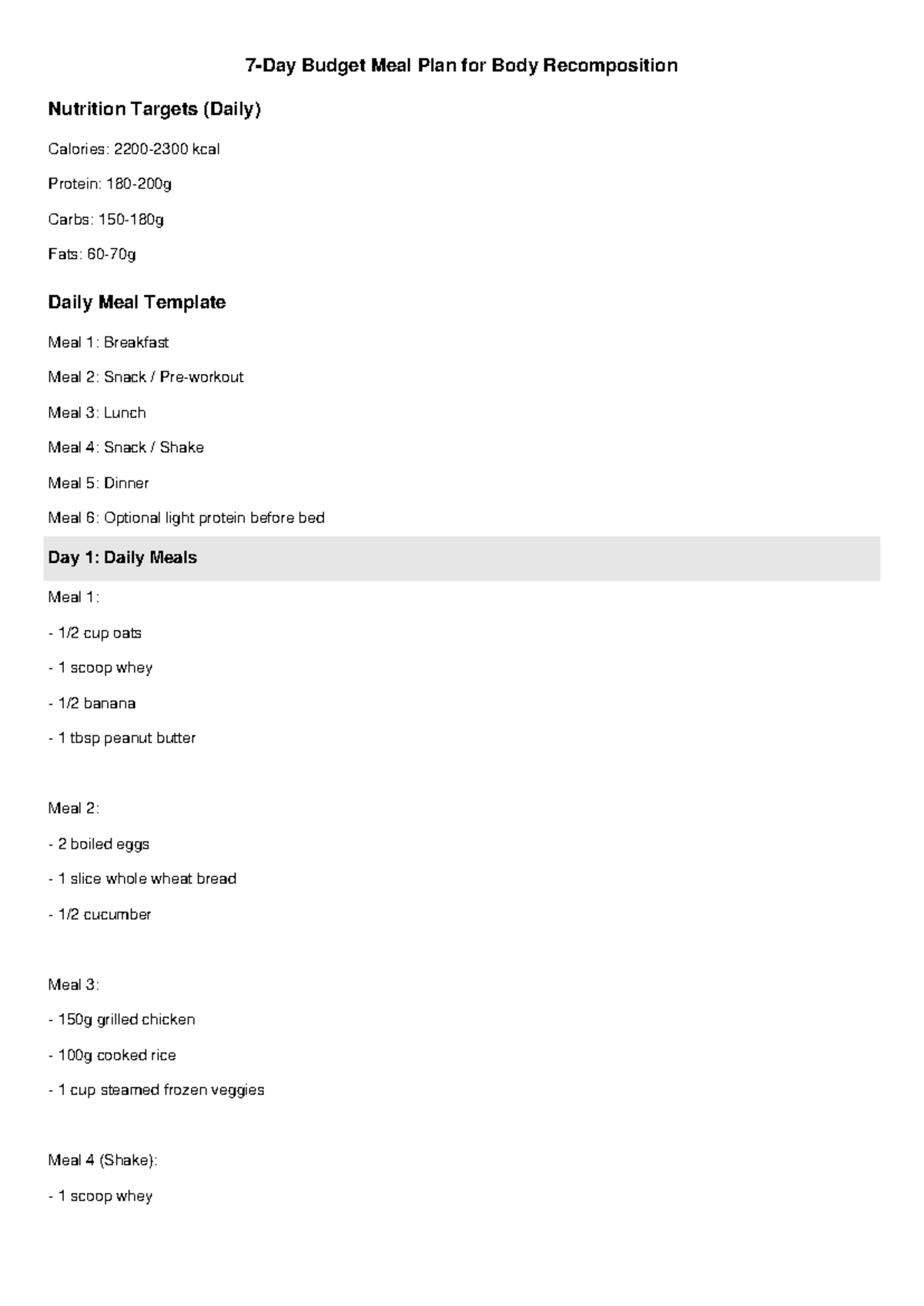 7-Day Budget Meal Plan for Body Recomposition Nutrition Targets - Studocu