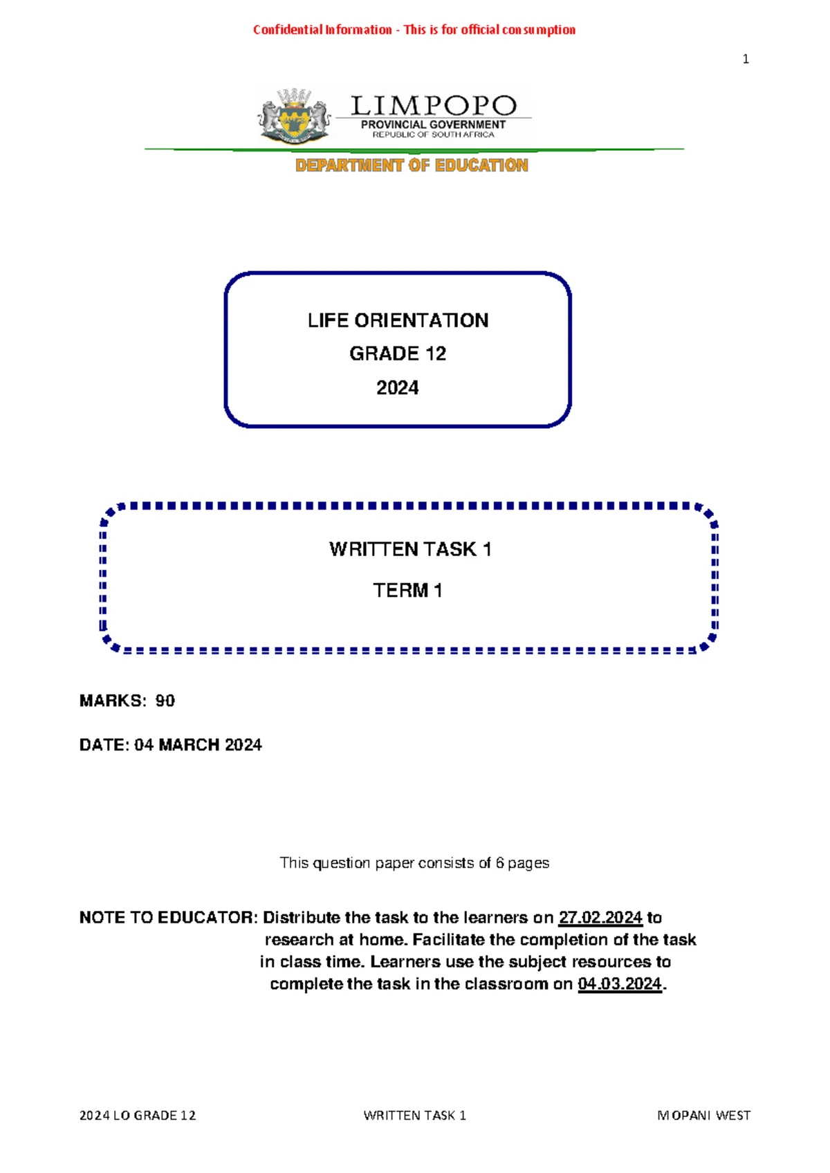2024 LO TERM 1 Grade 12 Source-Based Task for Life Orientation - Studocu