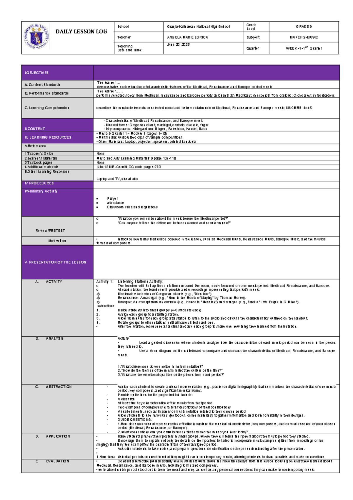 MUSIC 9: Daily Lesson Log on Medieval, Renaissance, and Baroque Music ...