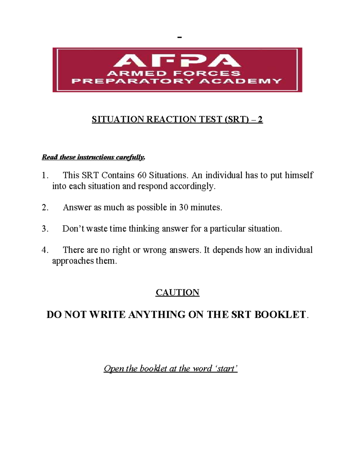 SRT-2: Situation Reaction Test Instructions and Scenarios - Studocu