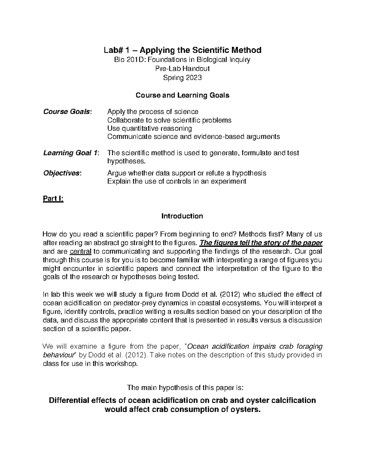 Bio 201D Lab 1: Applying the Scientific Method - Pre-Lab Handout SP2023 ...