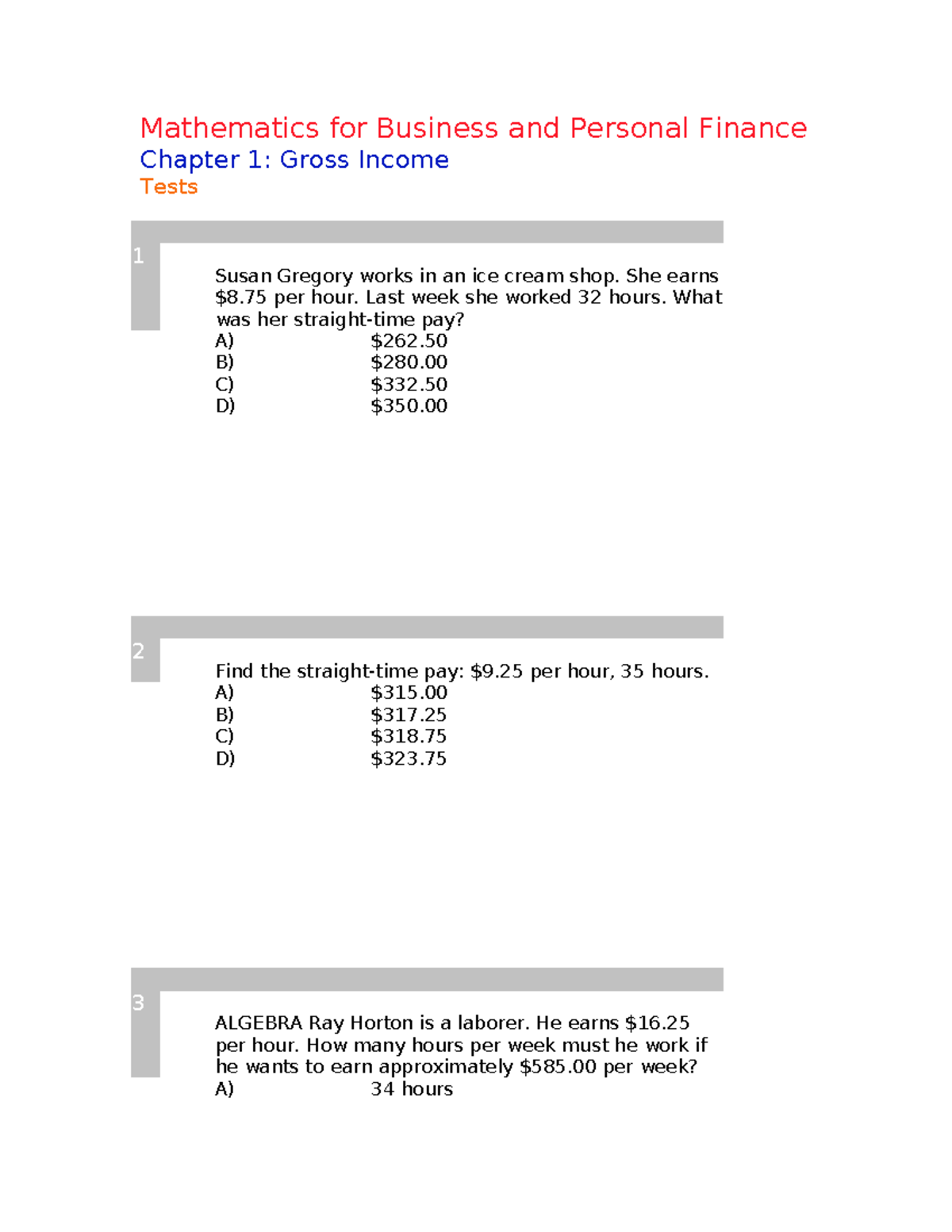 Mathematics for Business and Personal Finance: Gross Income Unit 1 Test ...