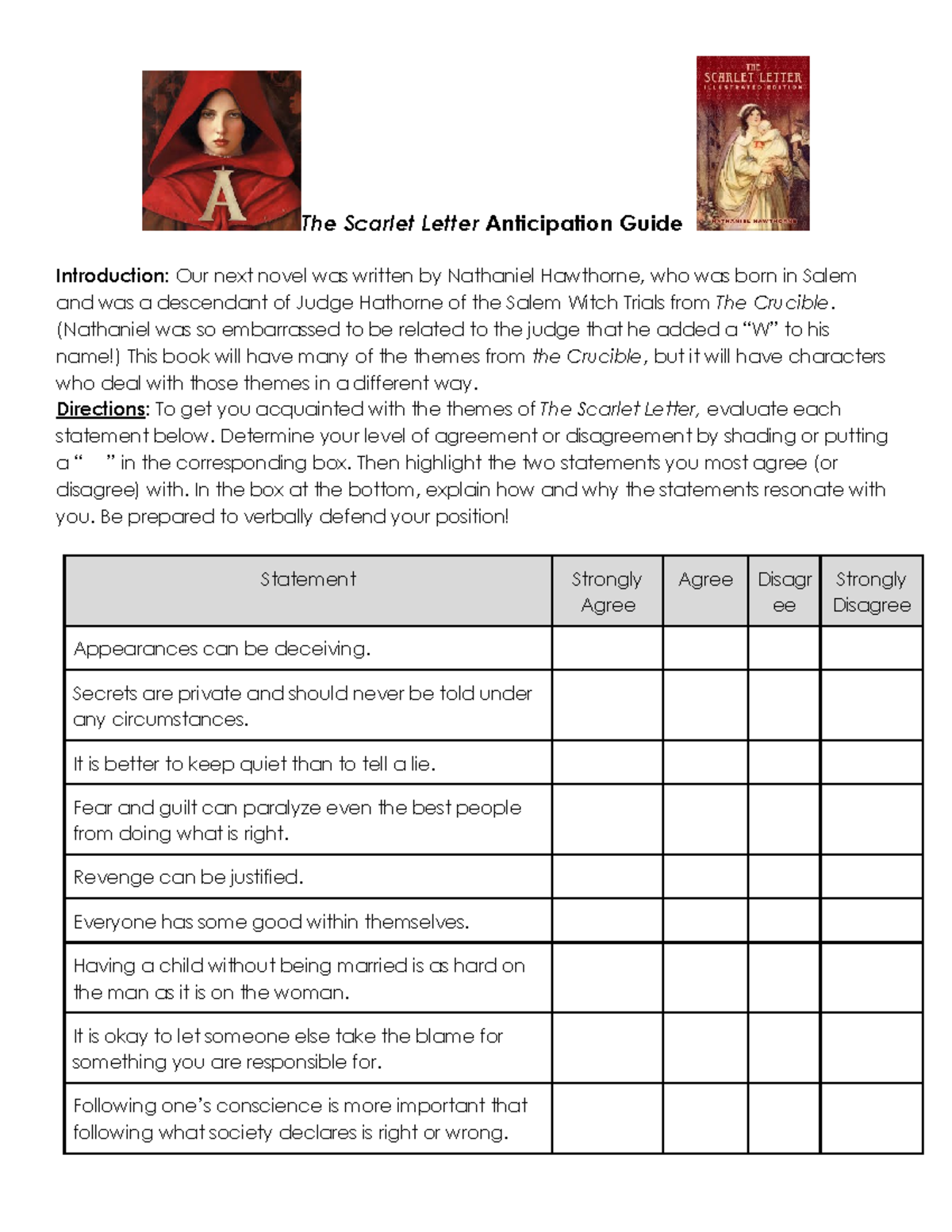 The Scarlet Letter Anticipation Guide: Themes & Personal Reflection ...